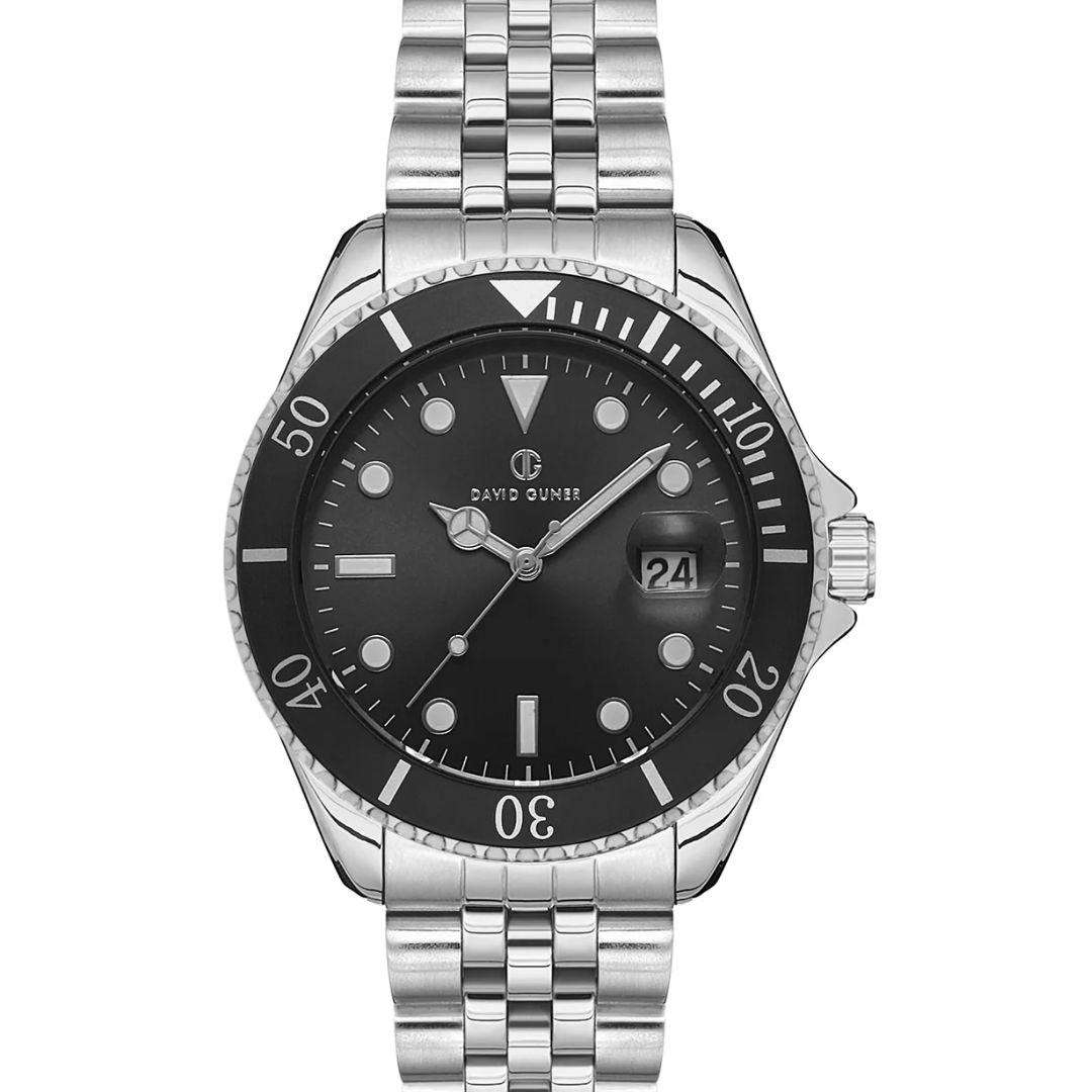David Gunner Stainless Steel Diver Watch – Black Dial with Date Window ...